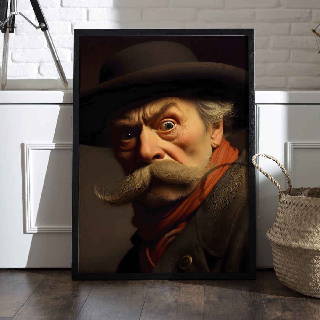 Vintage Funny Man Surprised Wall Art Portrait Print Altered Oil ...