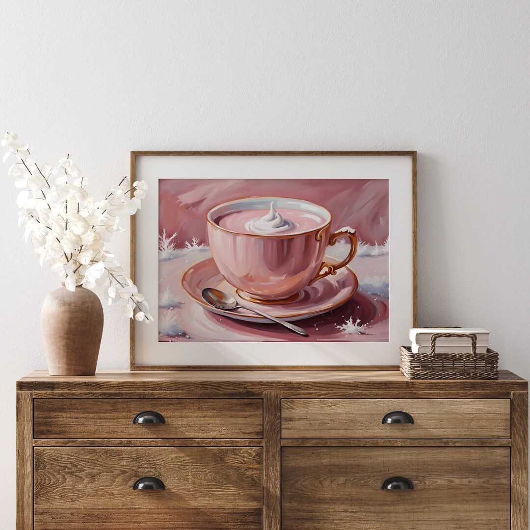 Cute Pink Coffee Cup for Christmas Printable Seasonal Wall Art Oil ...