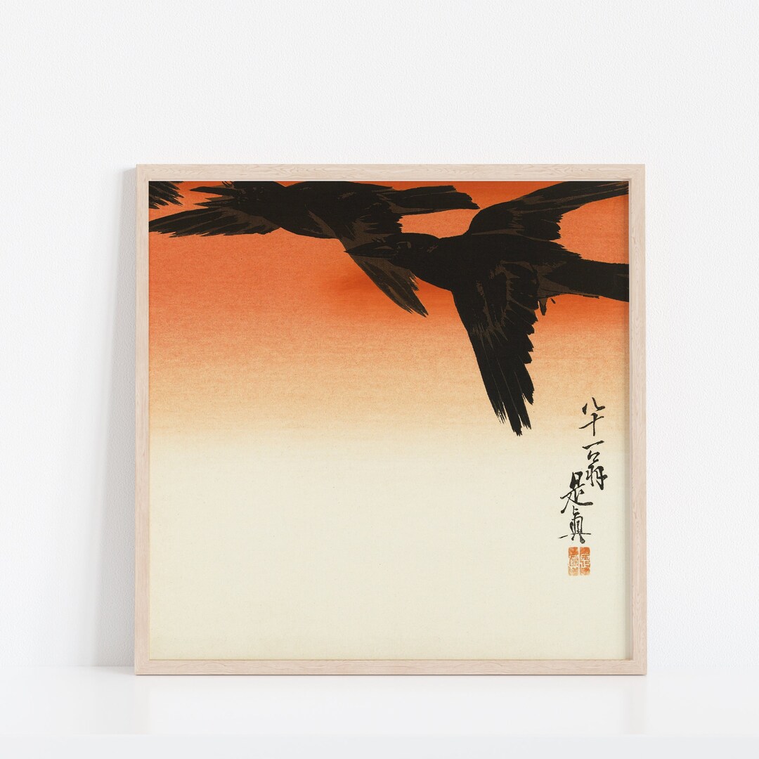 Shibata Zeshin, Vintage Crows on Red Sky, Traditional Japanese Birds ...