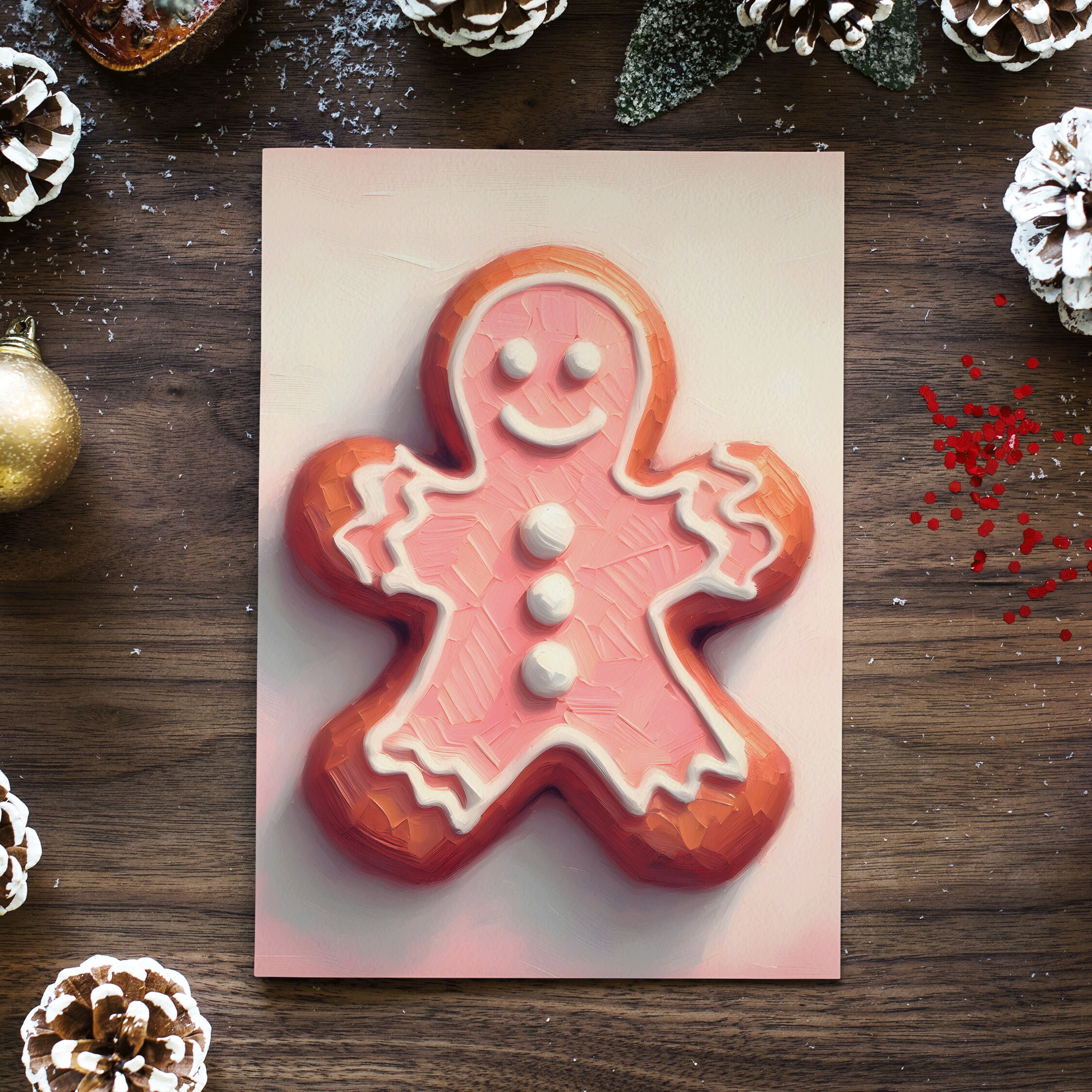 Pink Vintage Xmas Gingerbread Print Seasonal Oil Painting Home Decor ...