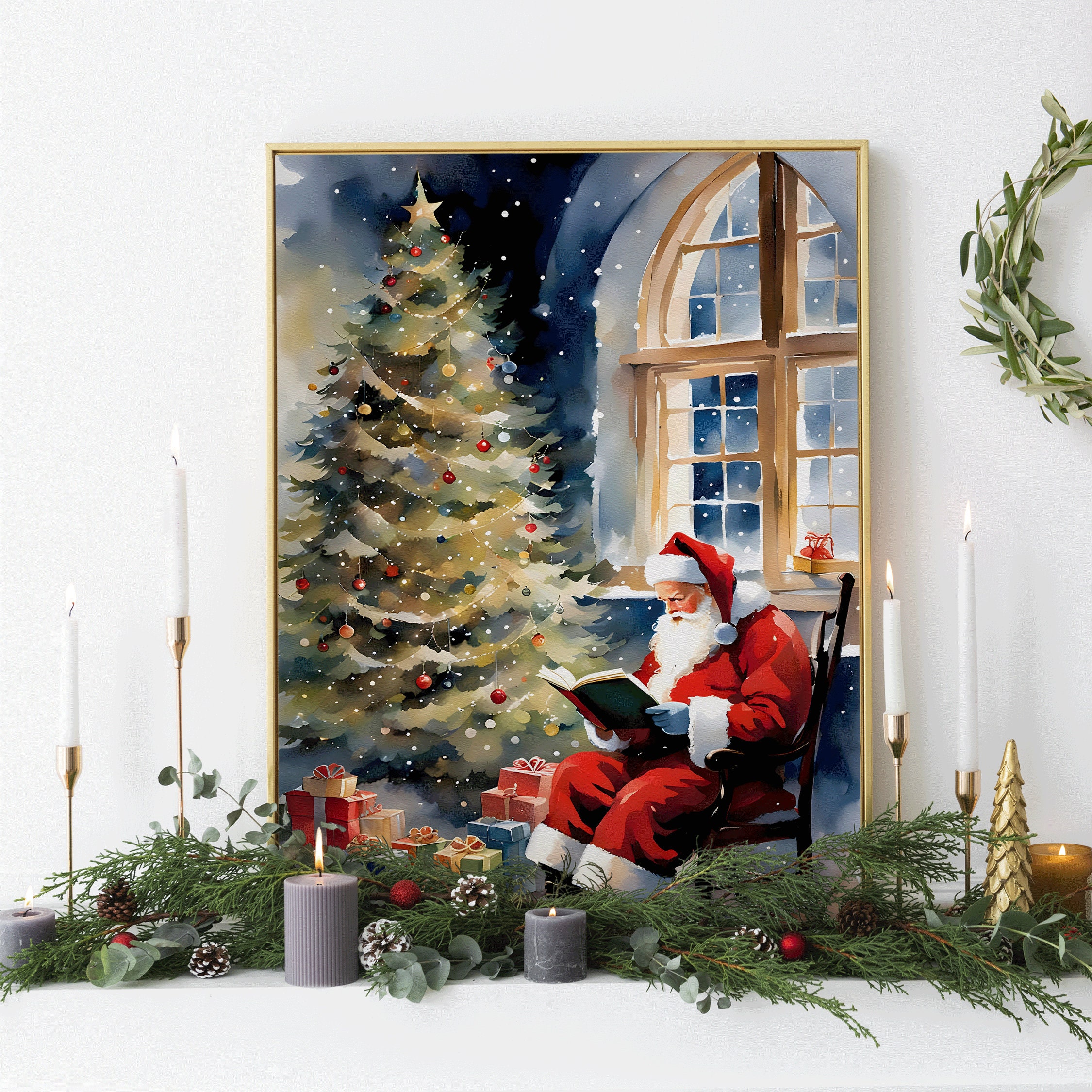 Vintage Christmas Santa Reading Book Printable Watercolor Art Print ...