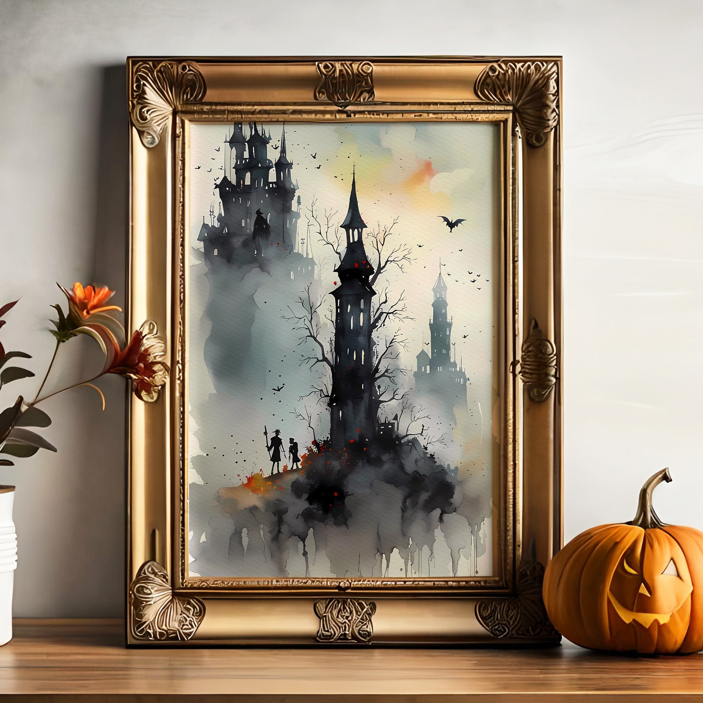 Halloween Horror Creepy Tower Watercolor Art Print Gothic Decor Poster ...