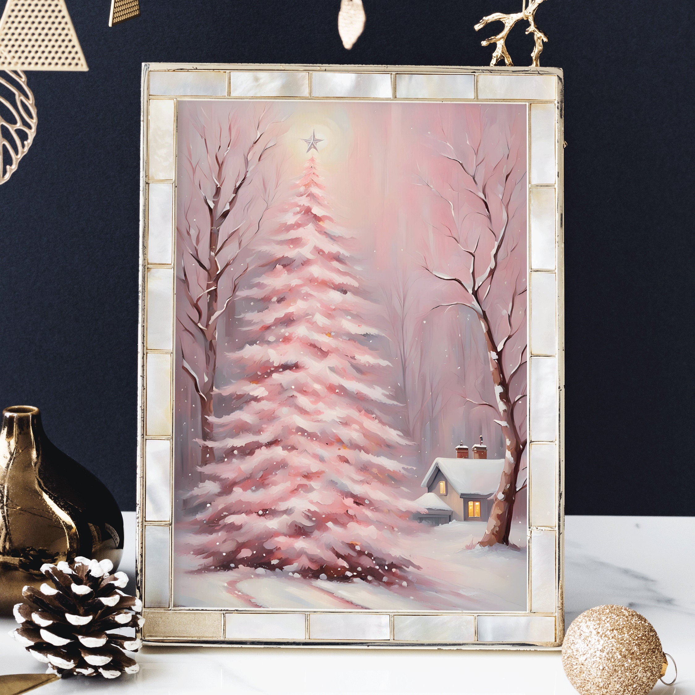 Vintage Pink Christmas Tree Poster Printable Oil Painting Art Print ...