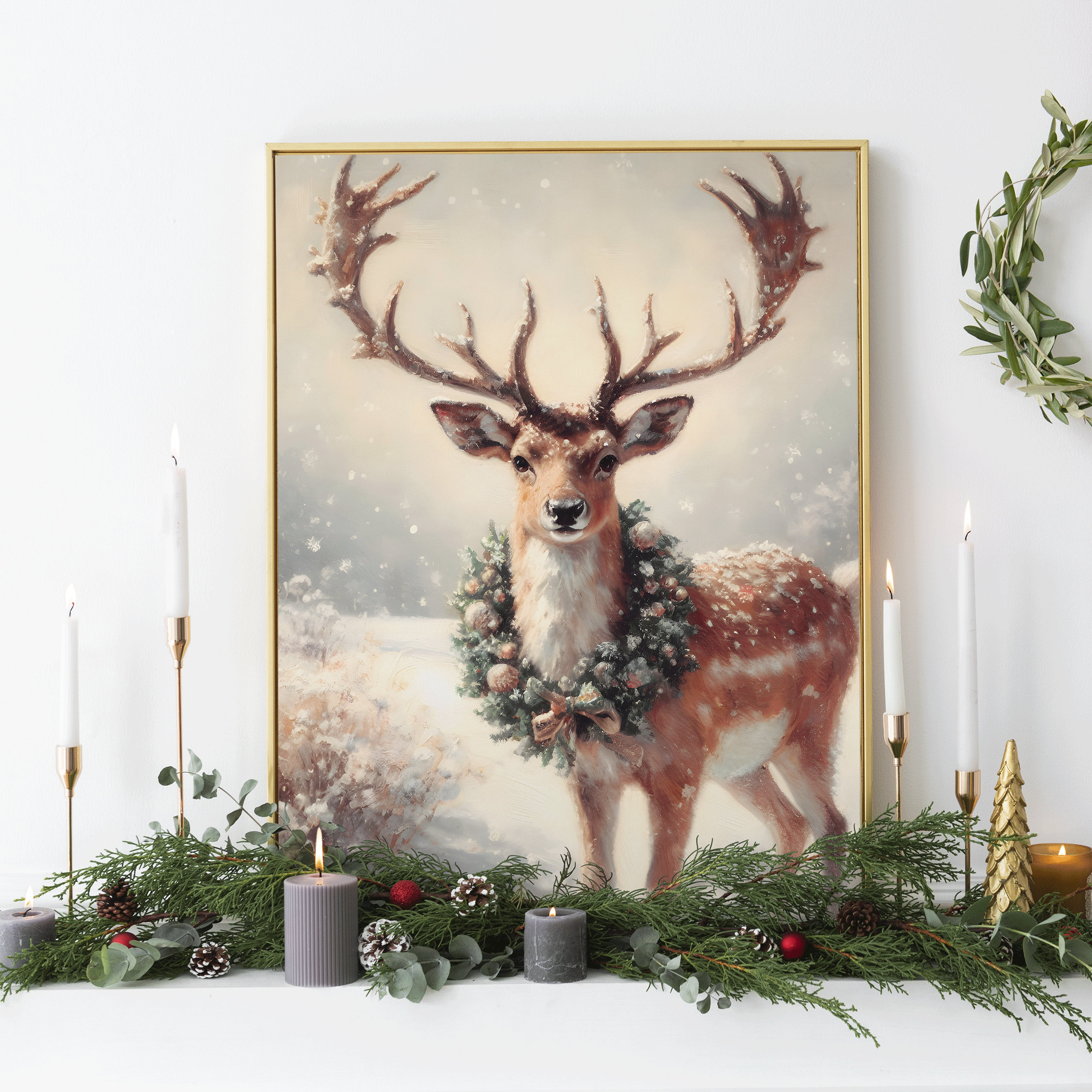 Weihnachten Reh Hirsch mit Kranz Ölgemälde Druck Wandbehang Xmas Kunst ...