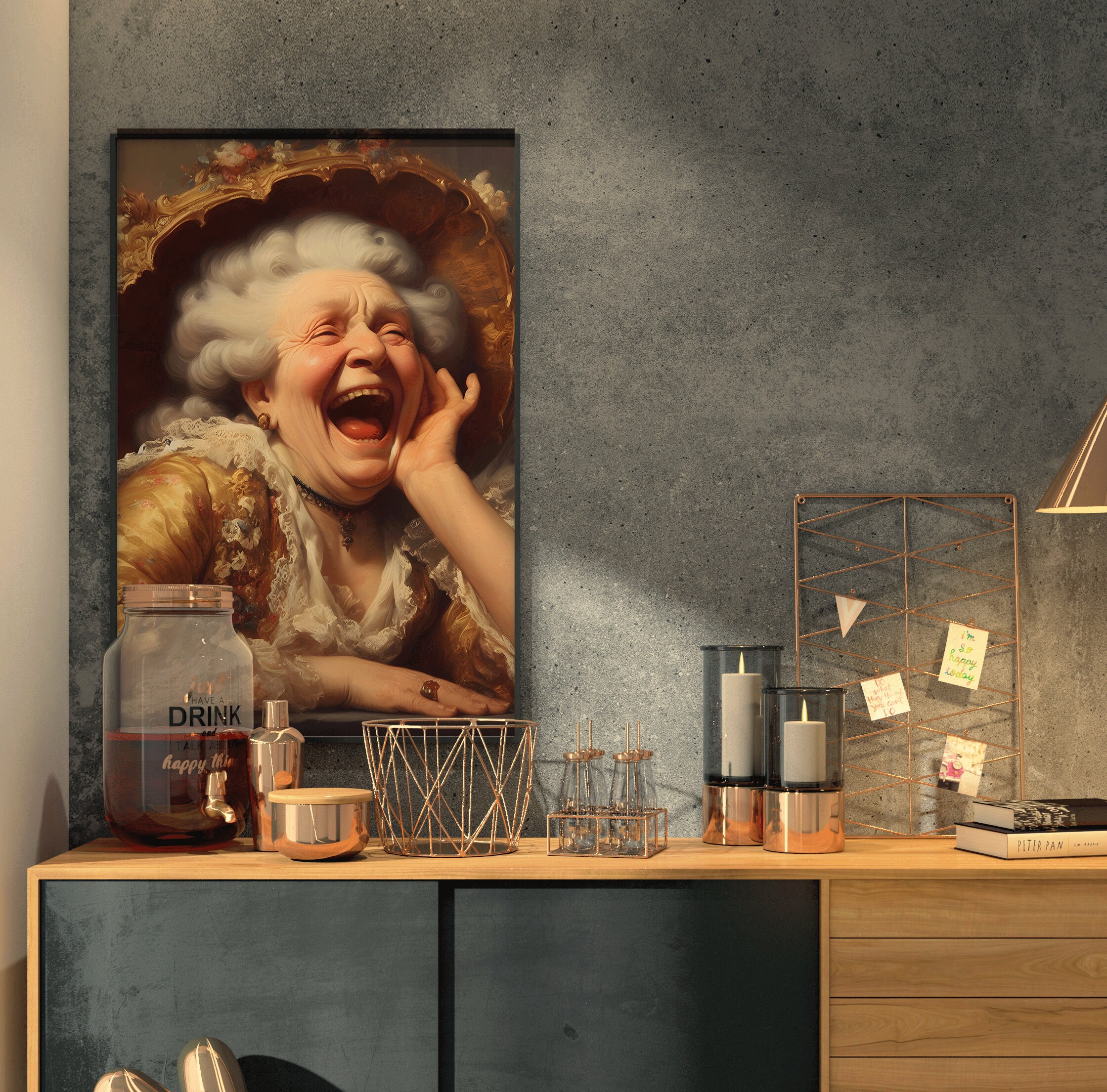 Funny Woman Vintage Wall Art Portrait Print Altered Happy Lady Oil ...