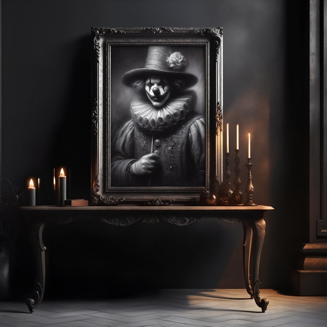 Creepy Halloween Clown, Gothic Home Decor, Black and White Horror Clown ...