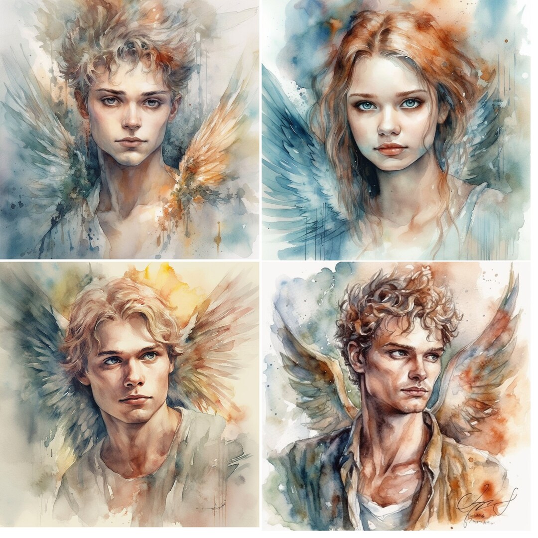 Guardian Angel Drawing and Reading, Watercolour Portrait of Angel ...