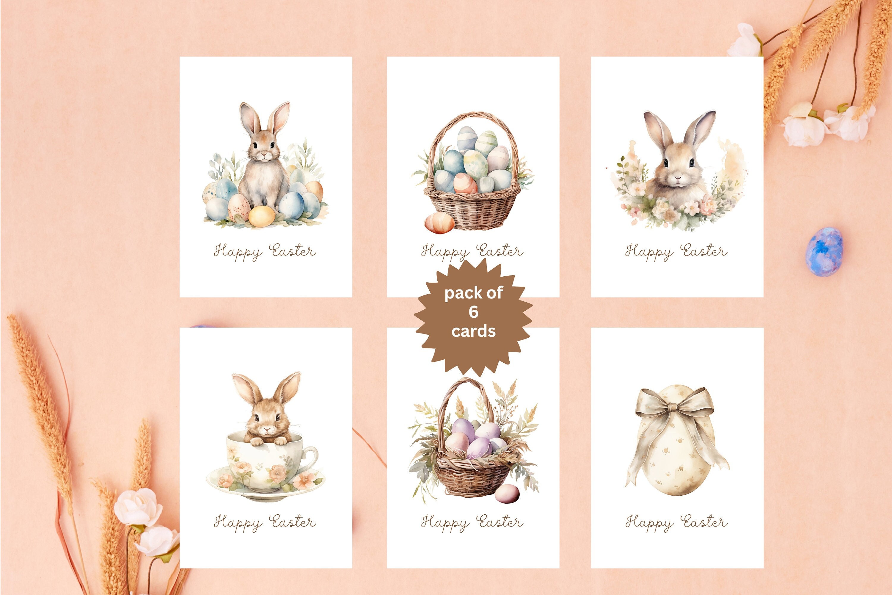 Easter-cards, Pack of 6 Assorted Easter Cards, Adorable Watercolour ...