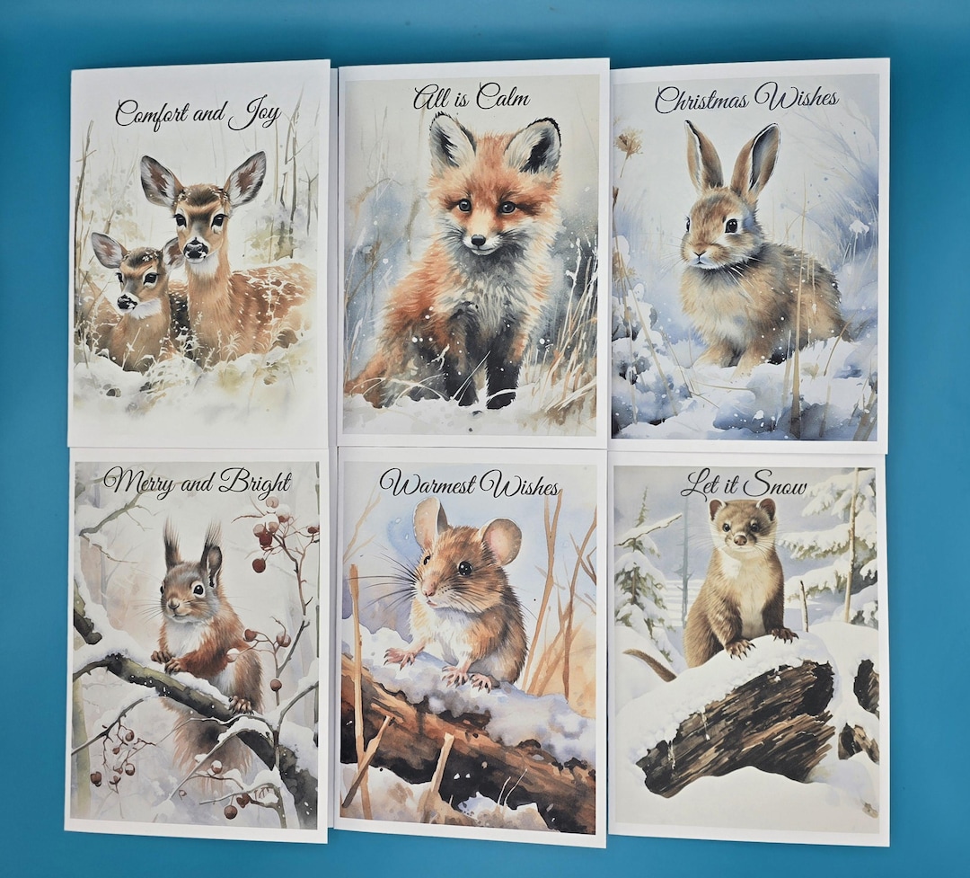 6 Christmas Wildlife Cards 5x7 Pack of 6 Watercolour Winter Wildlife ...
