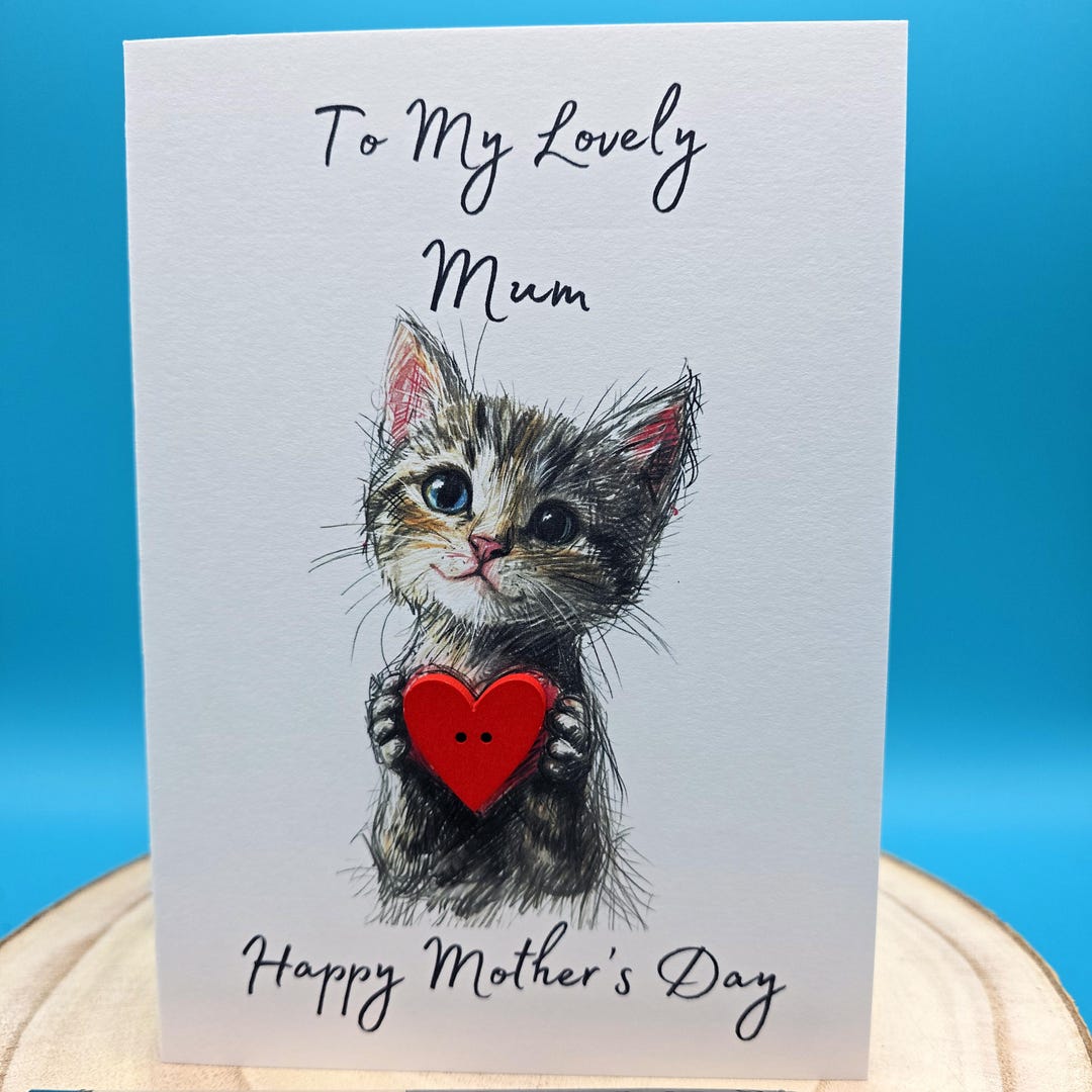Unique Embellished Mothers Day Cat Card With Red Wooden Button Applique ...