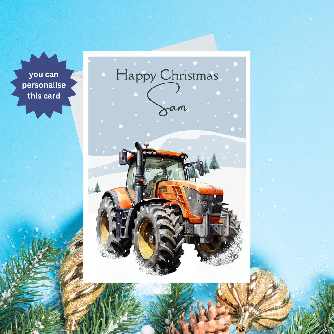 Snowy Orange Tractor Christmas Card Personalised Card for A Tractor ...