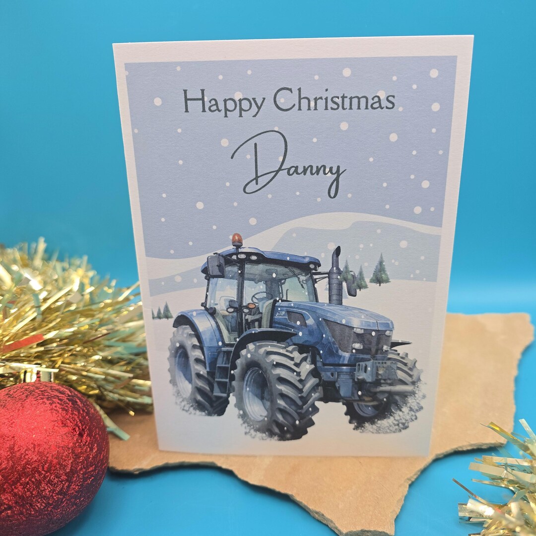 Snowy Blue Tractor Christmas Card - Personalised Card for A Tractor ...