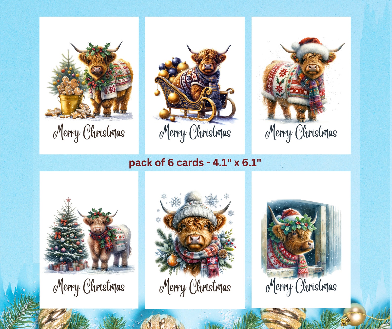 Highland Cow Christmas Cards 4.1 X 6.1, Pack of 6 Cards, Cute Highland ...