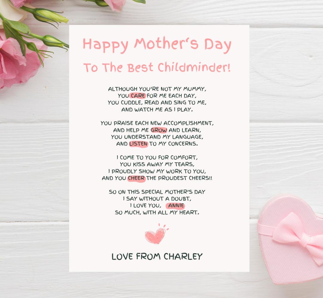 Childminder Mother's Day Poem Card for Childminder on Mothers Day Card ...