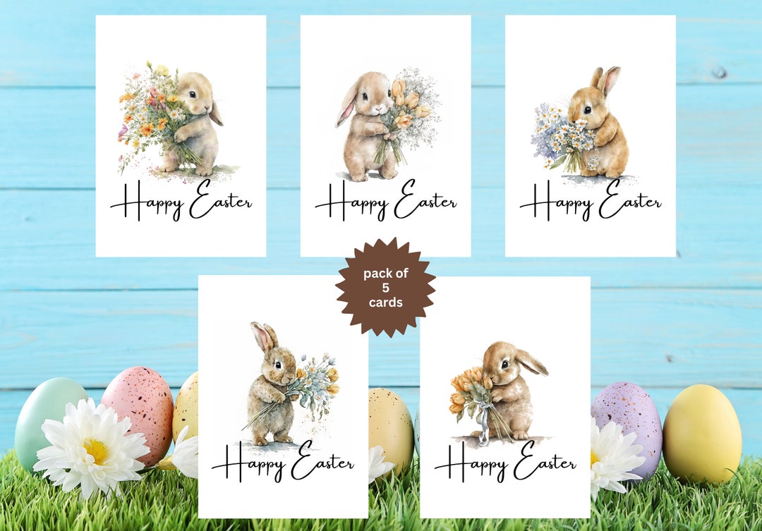 5 Handmade Easter Bunny Cards, Pack of 5 Rabbit Cards, Floral Easter ...