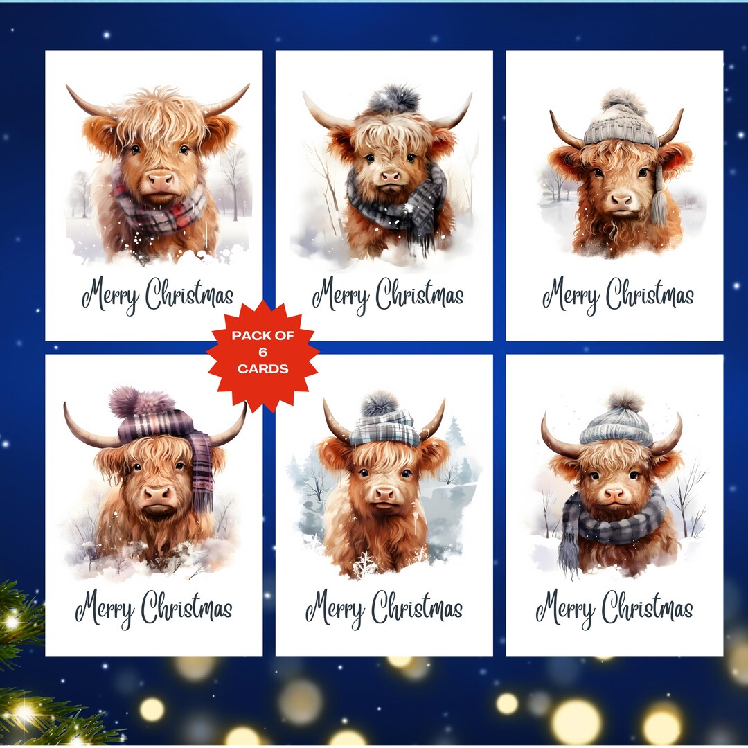 6 X Highland Cow Christmas Cards (4.1" X 6.1" Approx), Pack of 6 Cards ...
