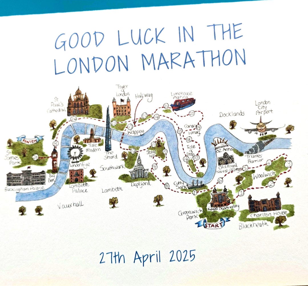 Unique Hand-painted London Marathon Map London Landmarks Card London ...