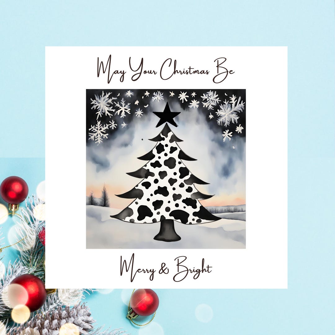 Pastoral Cow Print Christmas Tree Card Quirky Christmas Tree Card ...