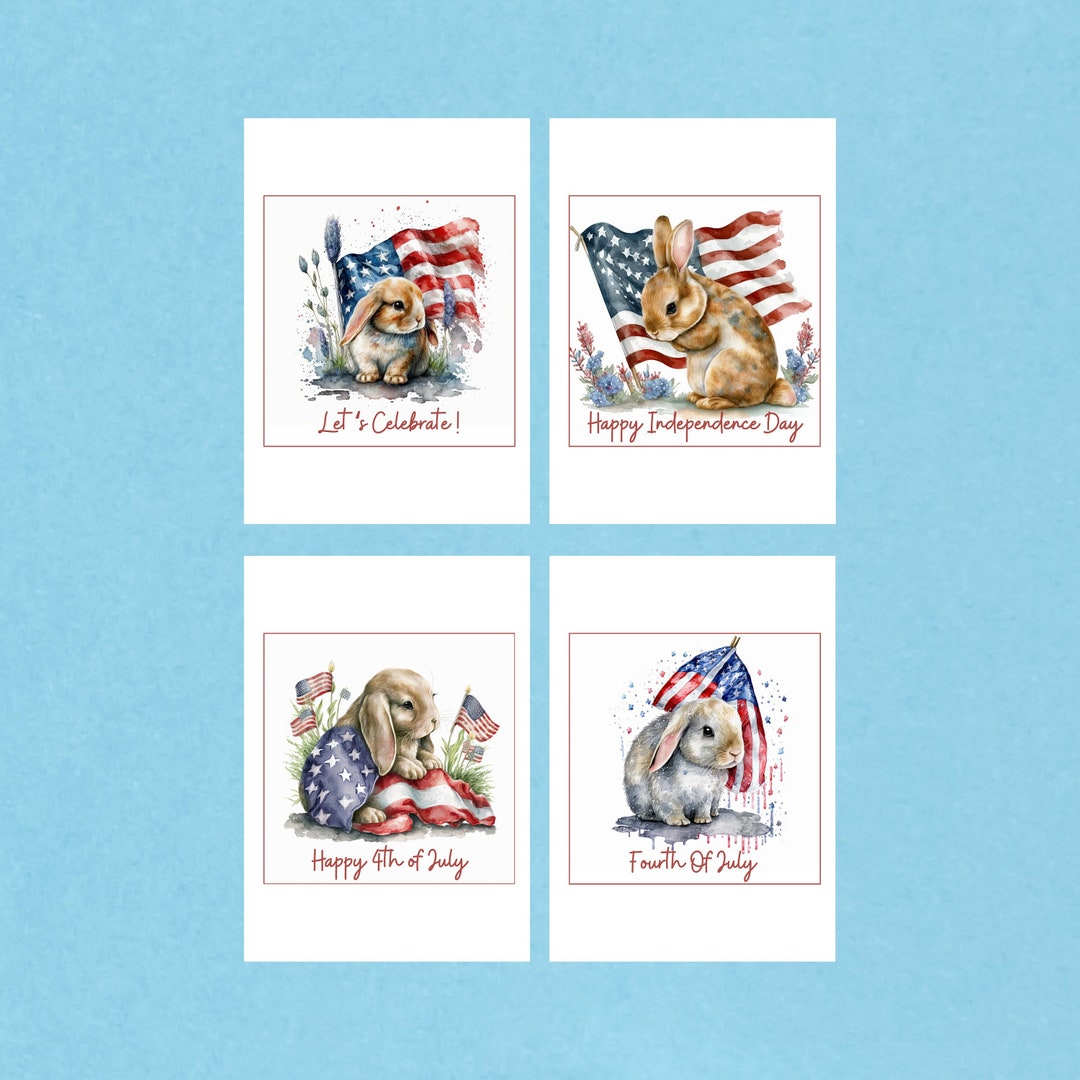 4th of July Bunny and US Flag Cards, Pack of 4 Independence Day Cards ...