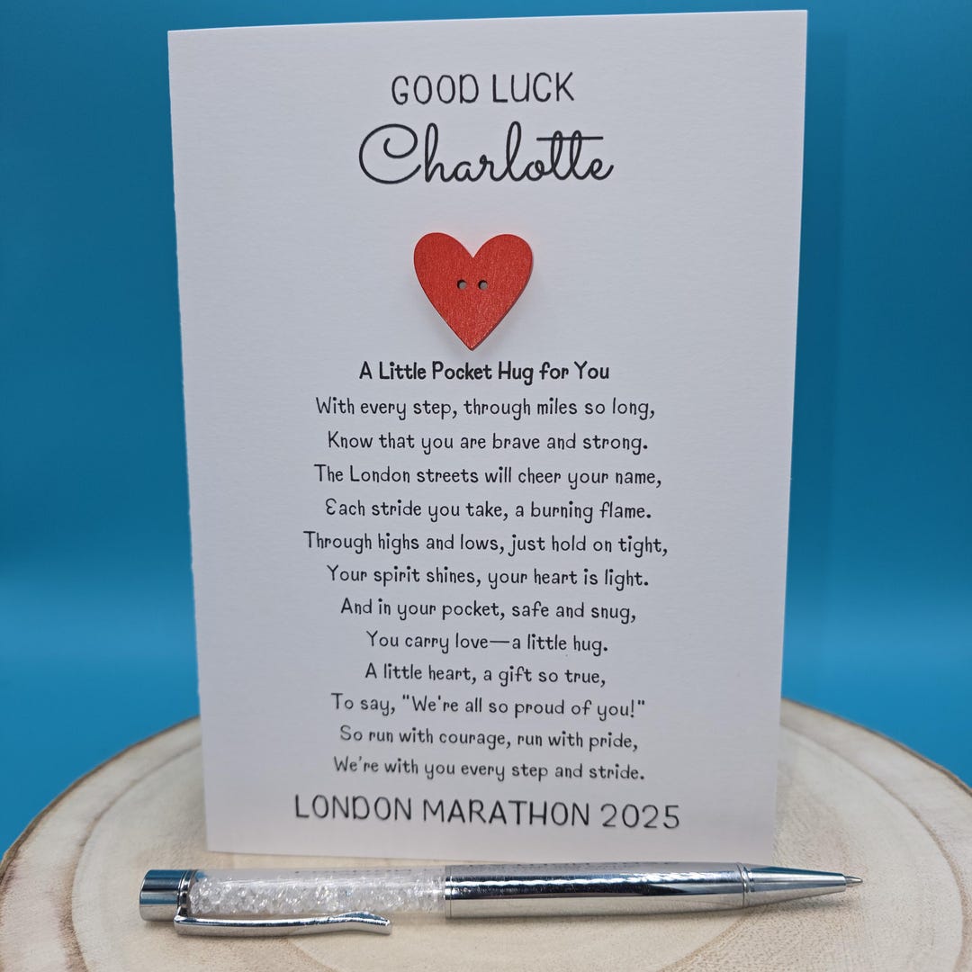Pocket Hug Marathon Card Motivational Red Heart Shaped Button Good Luck ...