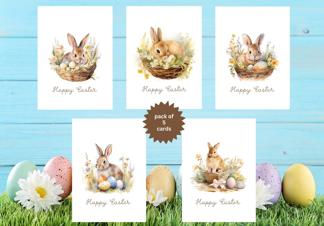 Easter-bunnies and Baskets Cards, Pack of 5 Easter Cards, Adorable ...