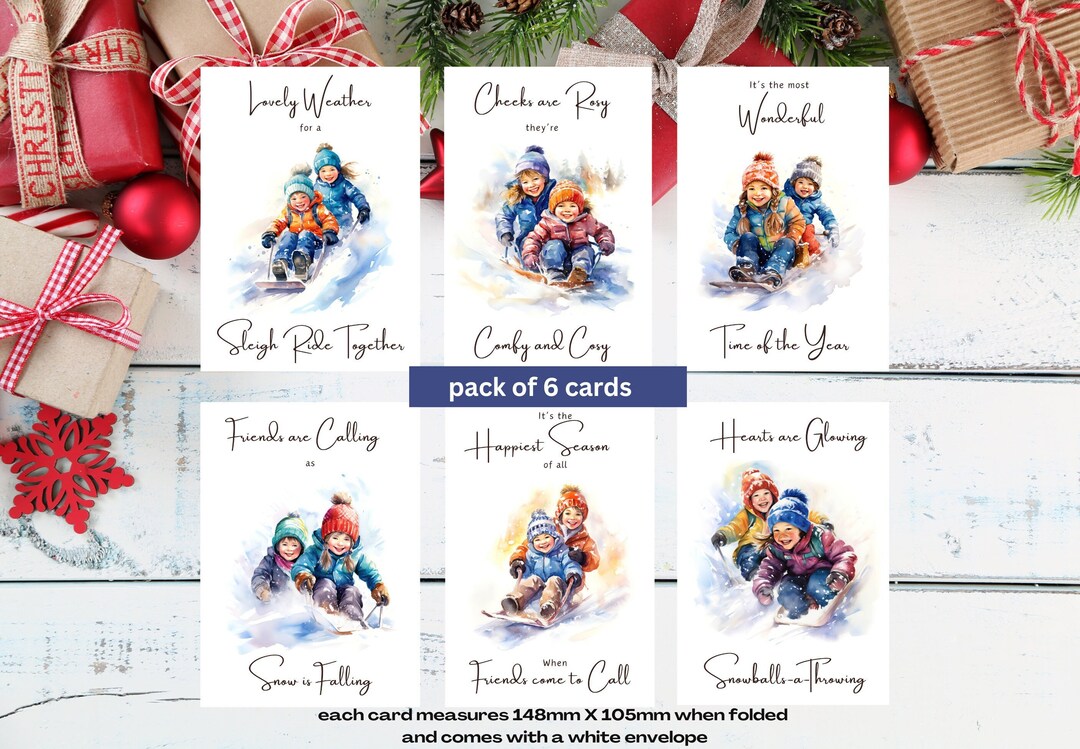 Children Sledging Christmas Cards Pack of 6 Kids Sledding - Etsy
