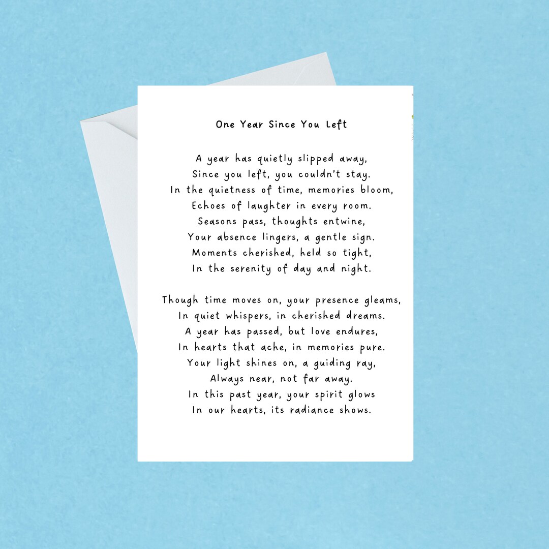 One Year Since You Left Bereavement Card With Sentimental Verse ...