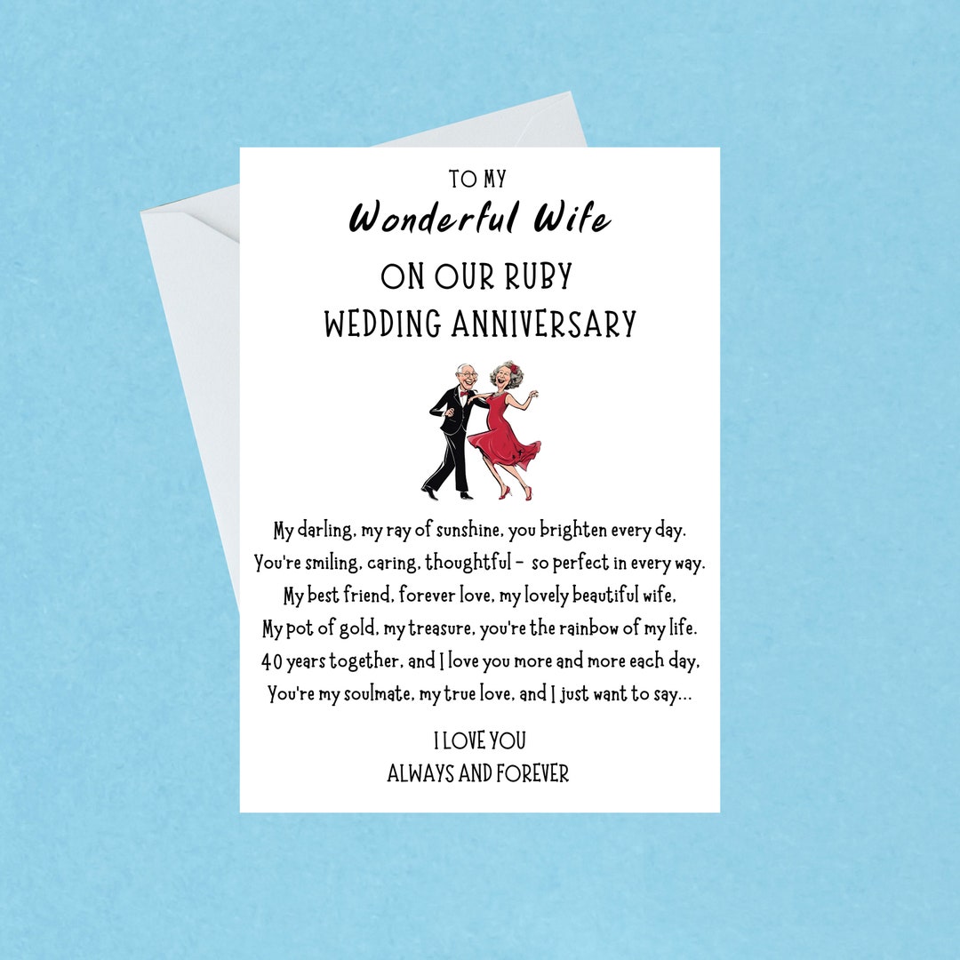 Wife Ruby Anniversary Card 40th Wedding Anniversary Card for Wonderful ...
