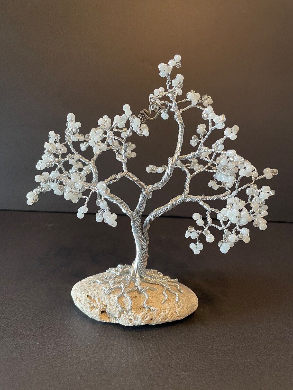 Twisted Silver Wire Tree With White Beads Displayed on a White Rock - Etsy