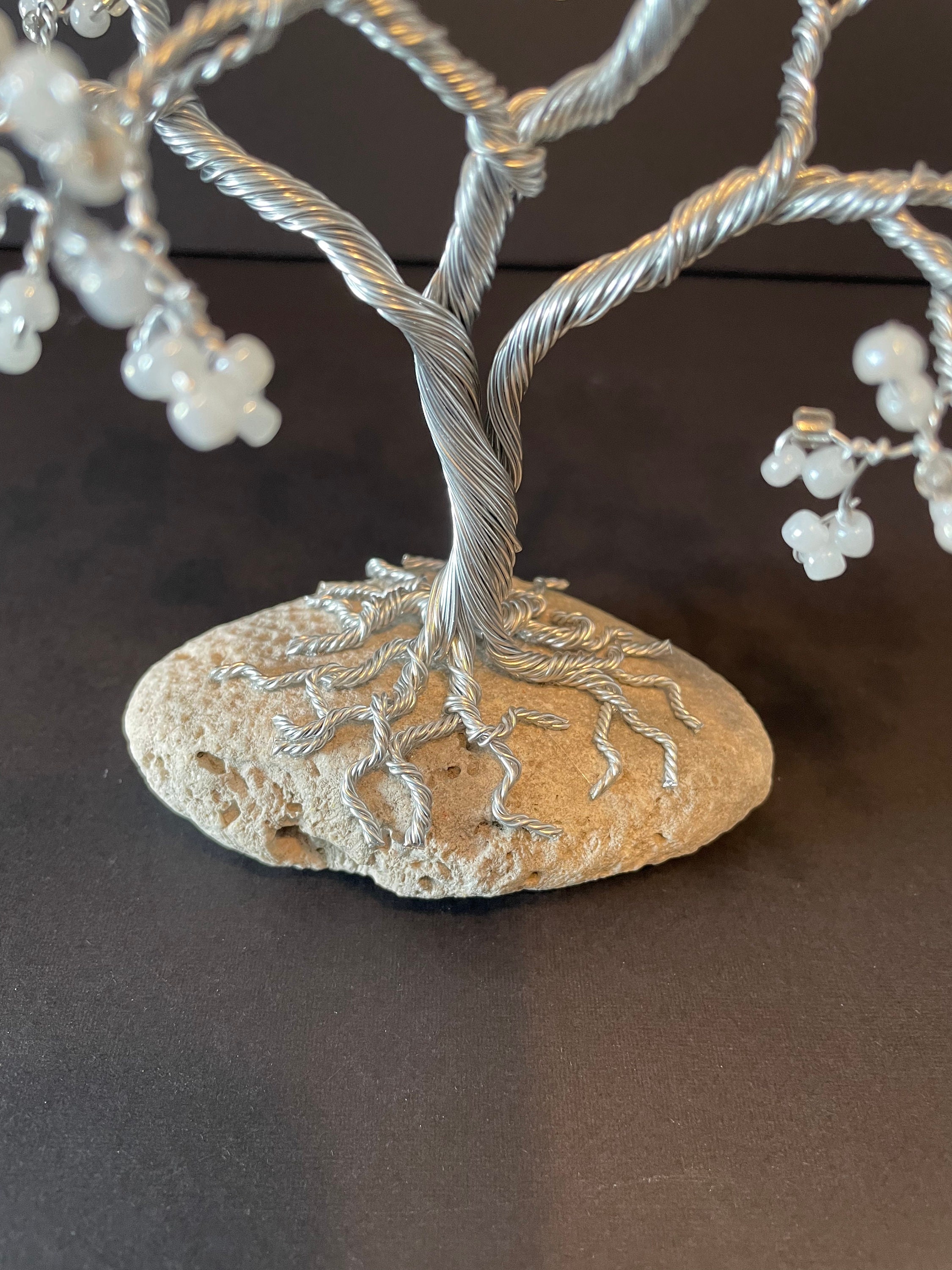 Twisted Silver Wire Tree With White Beads Displayed on a White Rock - Etsy