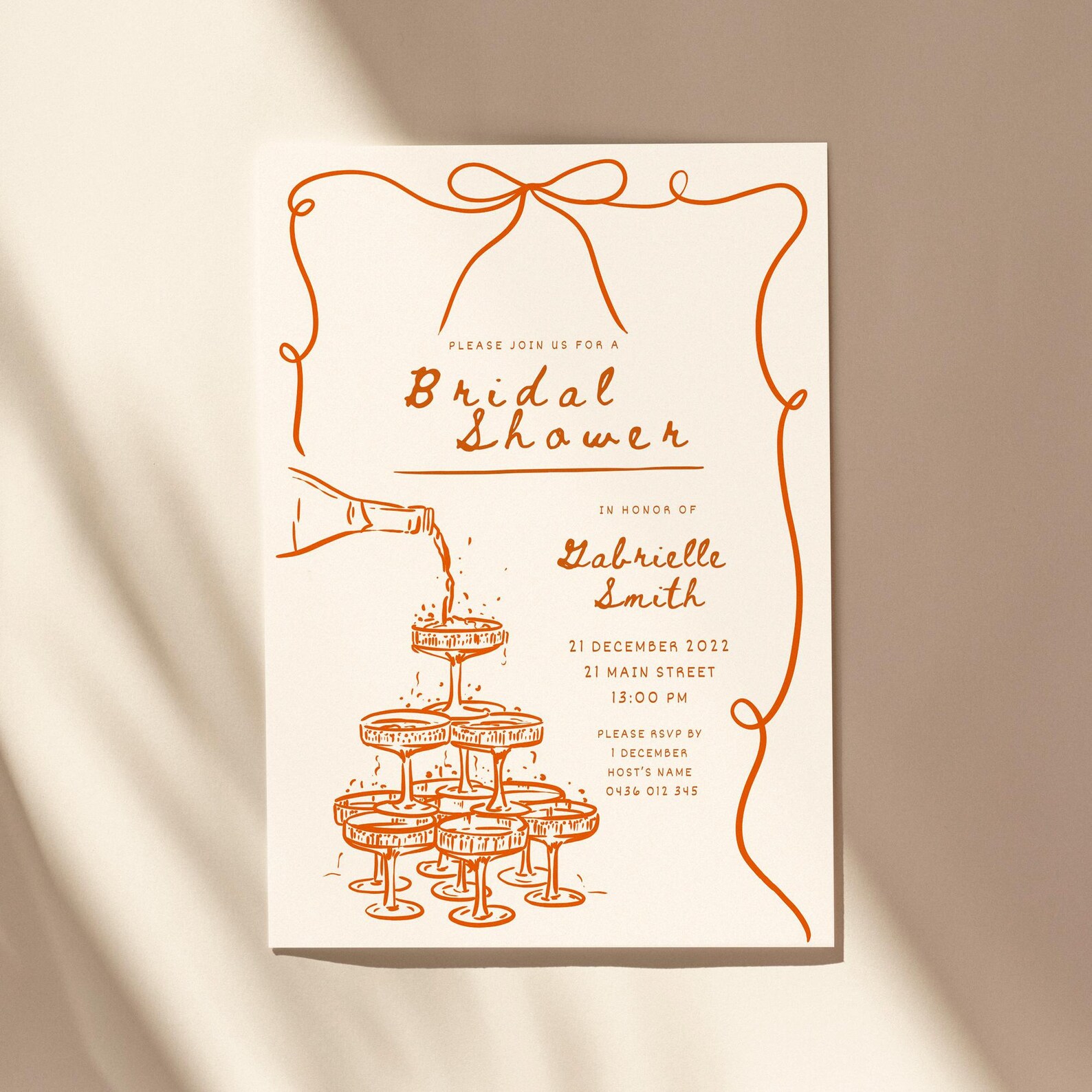 Hand Drawn Orange Coup Champagne Tower Illustrated Bridal Shower Invite ...