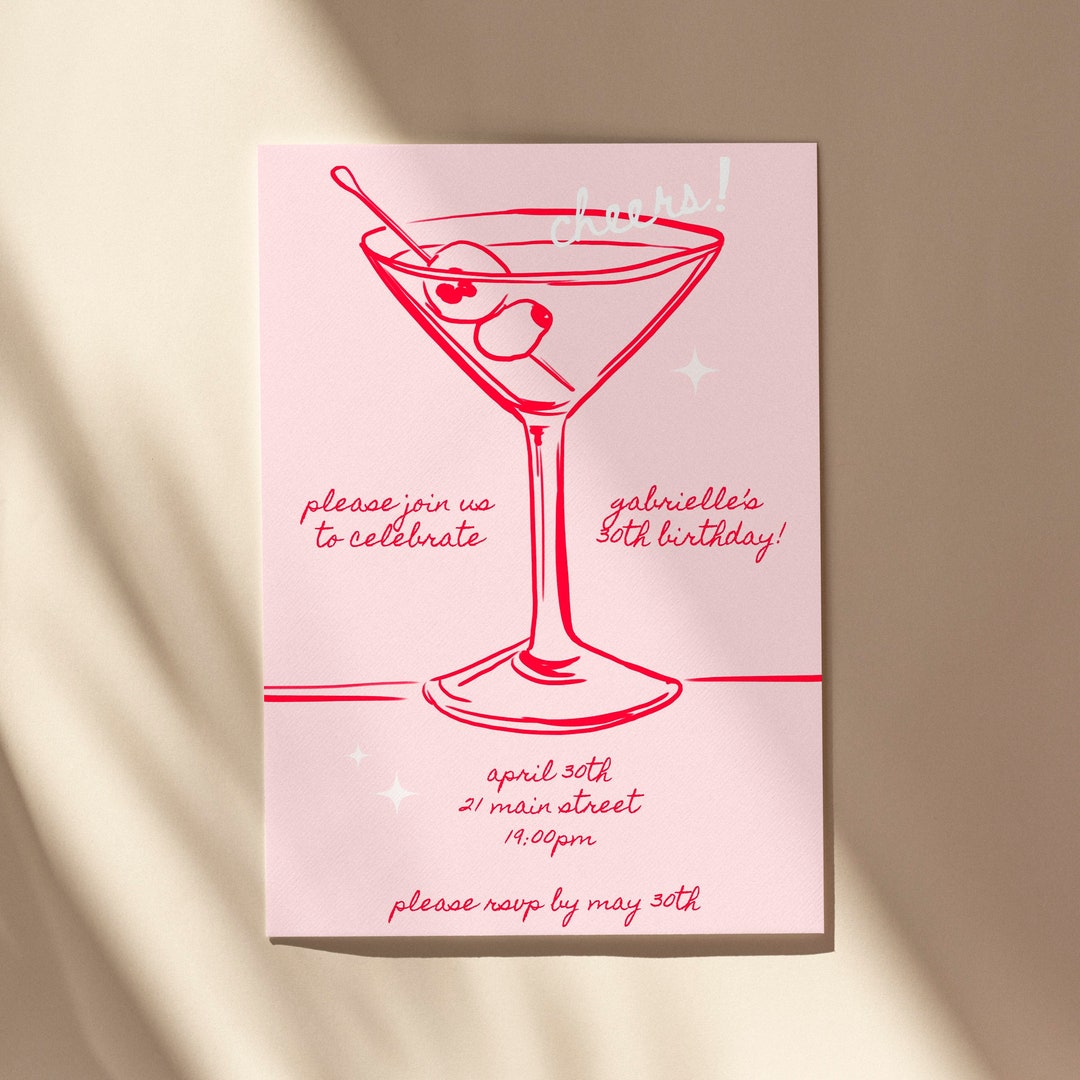 Plantilla de invitación de cumpleaños ilustrada de Martini rojo y rosa ...