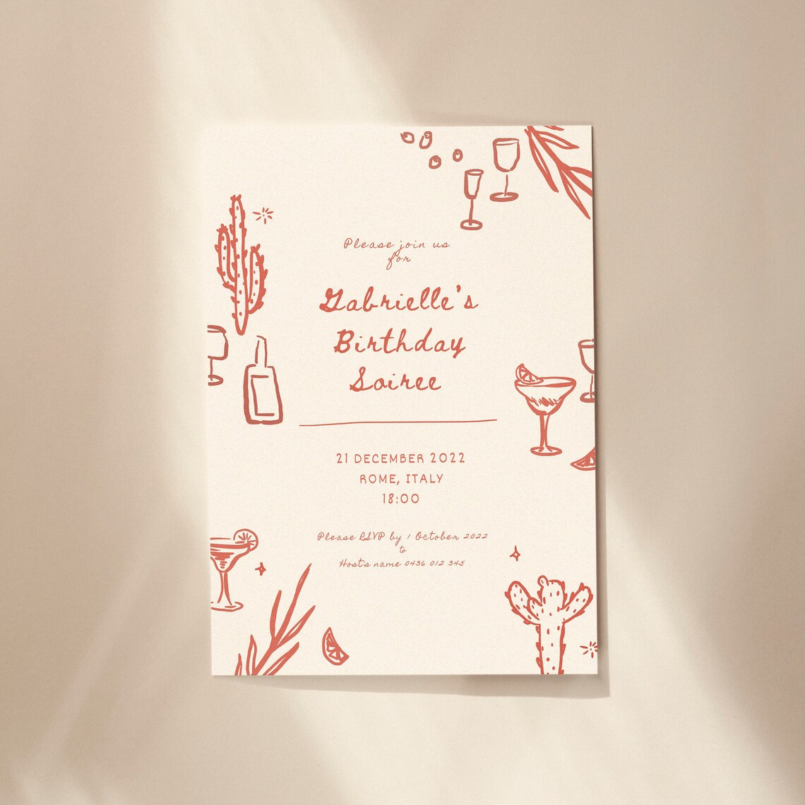 Hand Drawn Blue Illustrated Desert Rust Birthday Soiree Invite Template ...