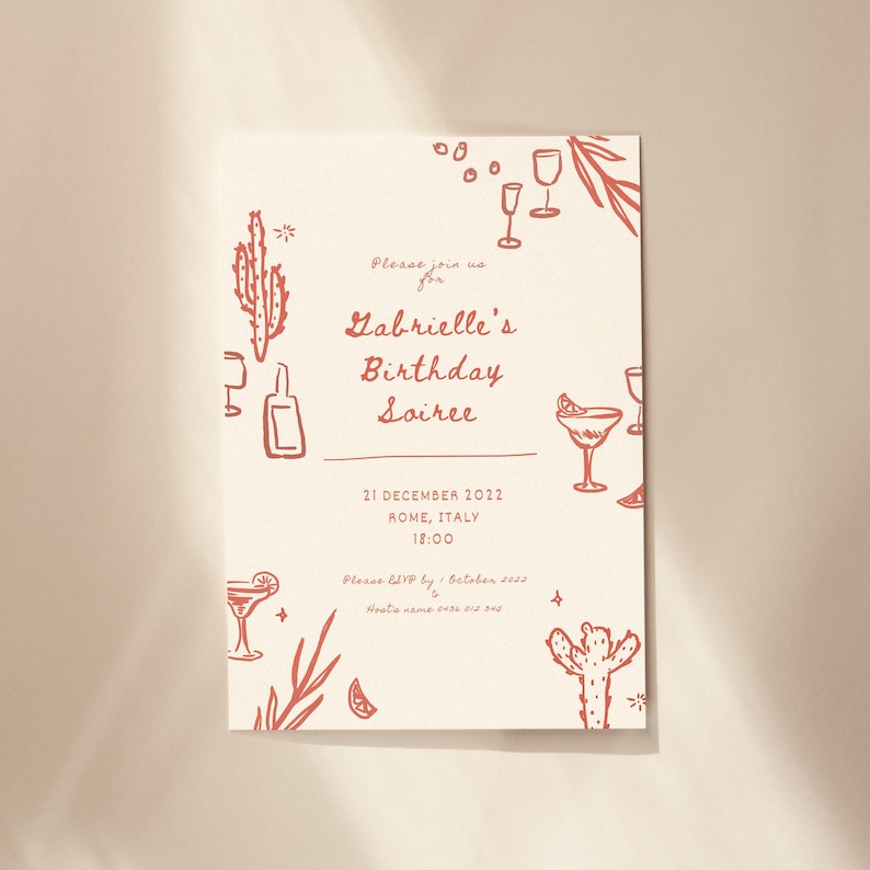 Hand Drawn Blue Illustrated Desert Rust Birthday Soiree Invite Template ...