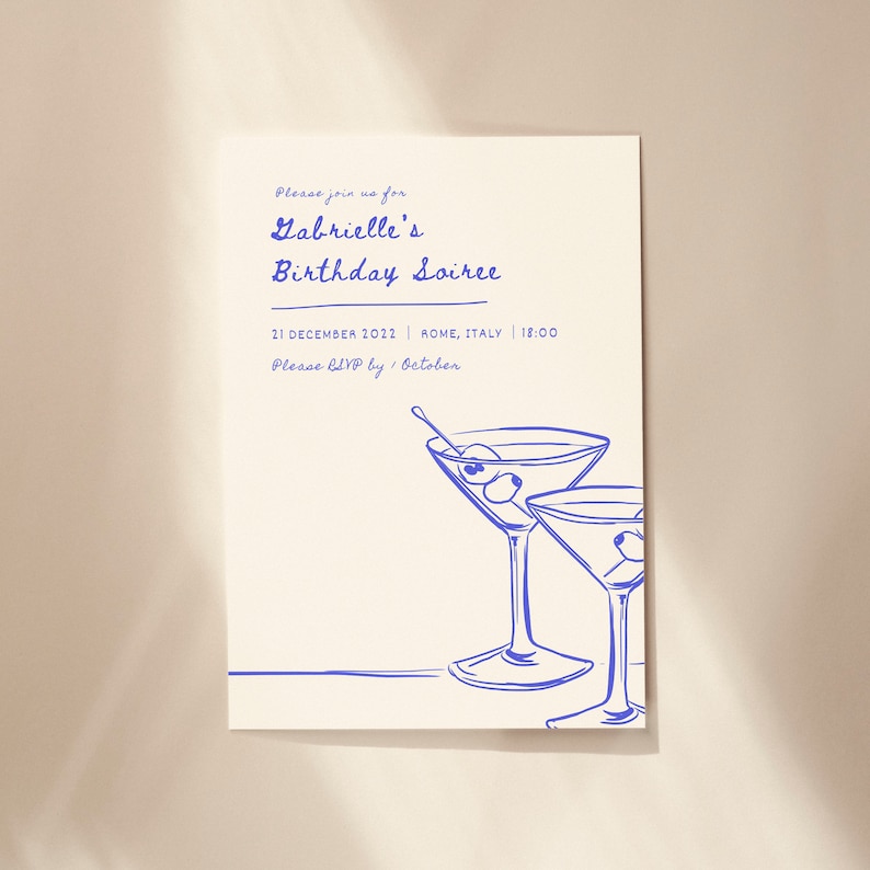 Hand Drawn Blue Martini Illustrated Birthday Soiree Invite Template ...