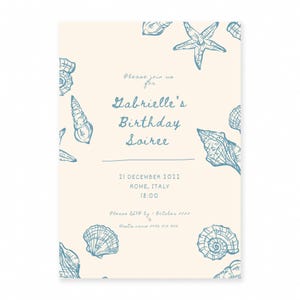 Hand Drawn Pale Blue Illustrated Beach Shell Birthday Soiree Invite ...