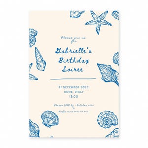Hand Drawn Blue Illustrated Beach Shell Birthday Soiree Invite Template ...