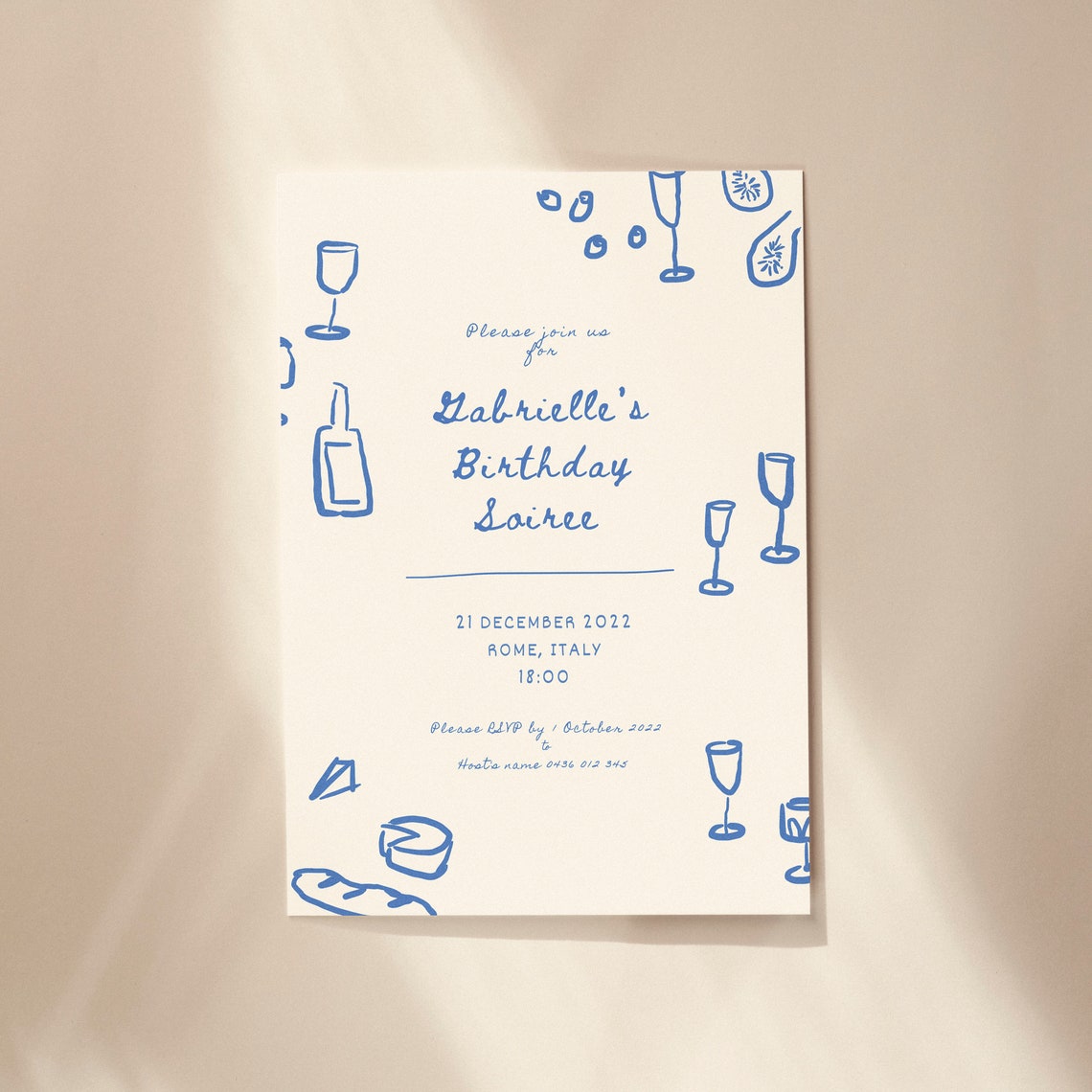 Hand Drawn Blue Illustrated Birthday Soiree Invite Template - Editable ...