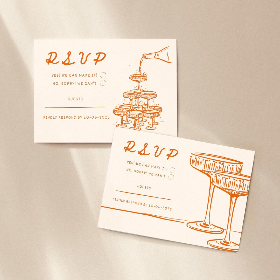 Hand Drawn Orange Coup Champagne Illustrated Soiree RSVP Cards Template ...