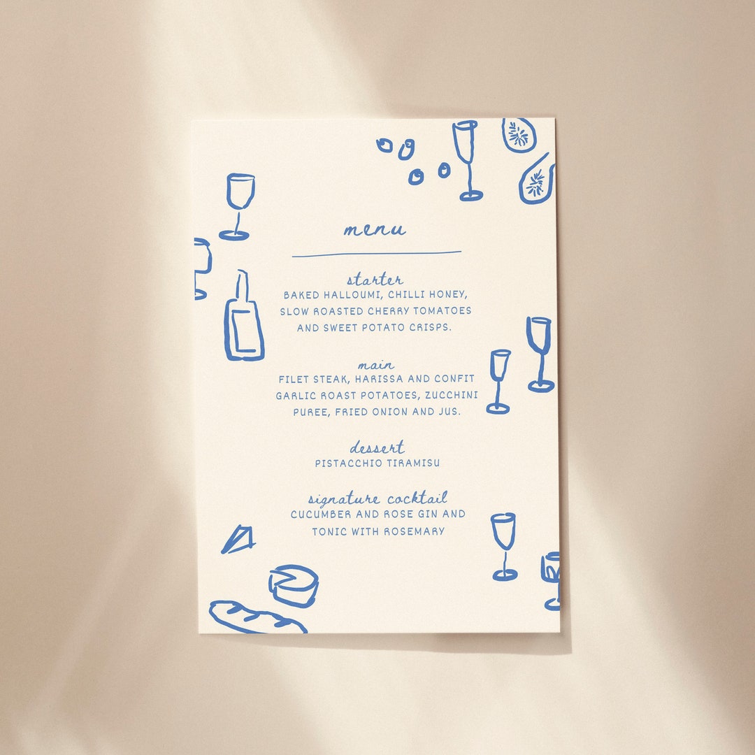 Hand Drawn Blue Illustrated Menu Template - Editable Menu Invite ...