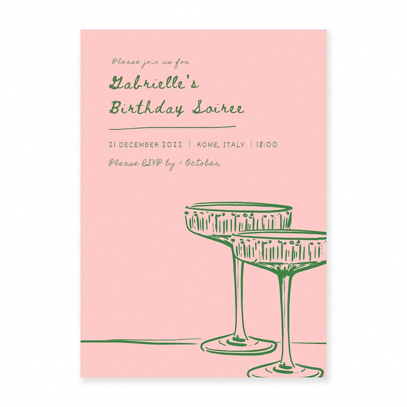 Hand Drawn Pink Green Coup Champagne Illustrated Soiree Invite Template ...