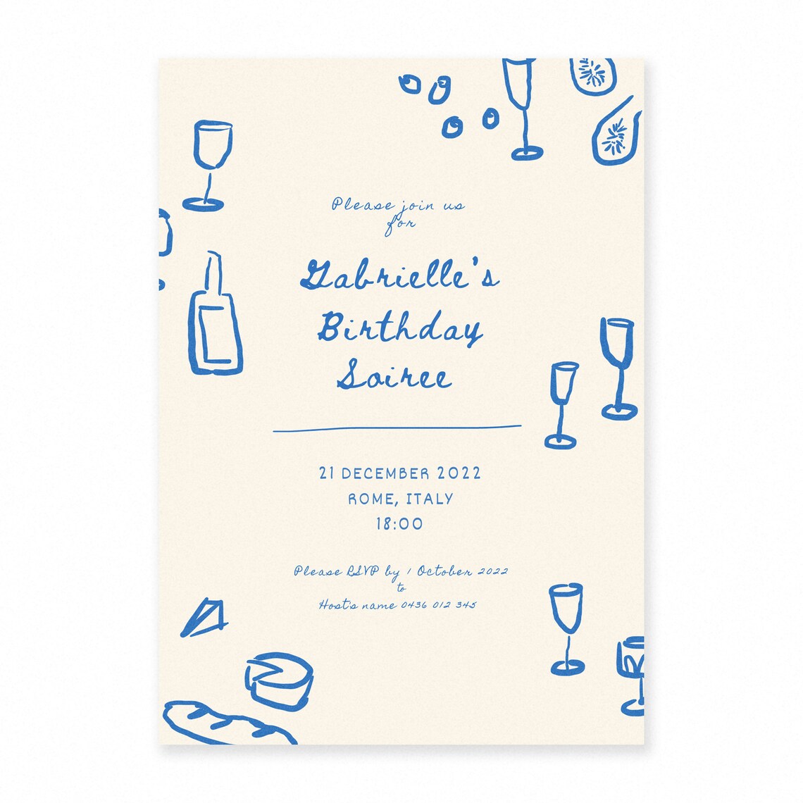 Hand Drawn Blue Illustrated Birthday Soiree Invite Template - Editable ...
