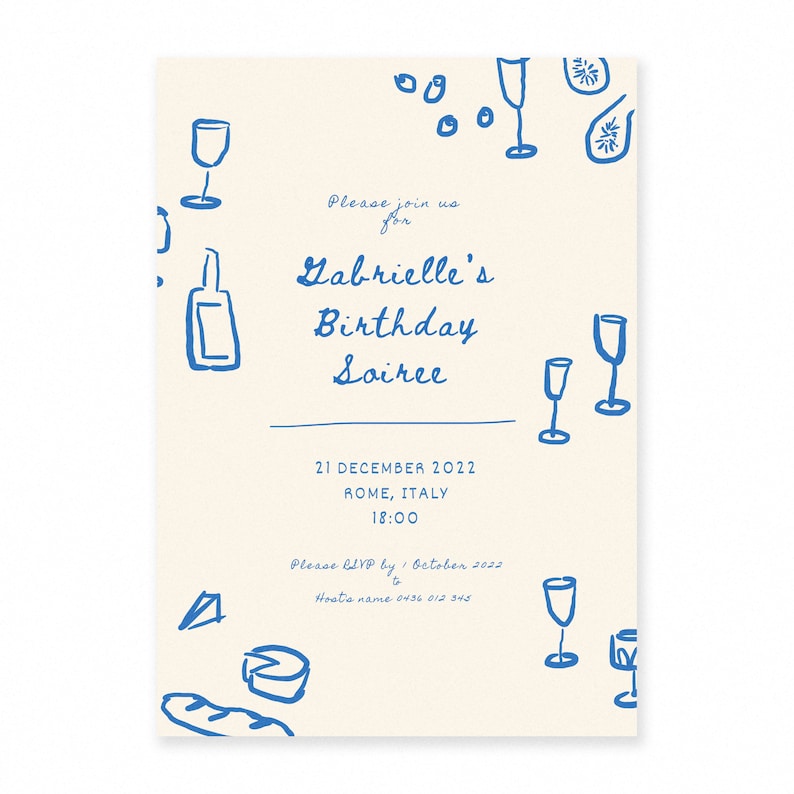 Hand Drawn Blue Illustrated Birthday Soiree Invite Template - Editable ...