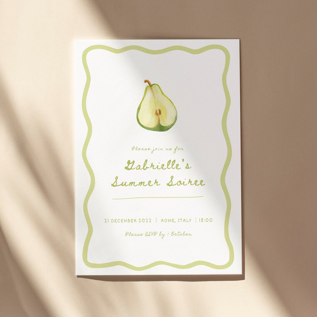 Hand Drawn Wavy Border Pear Illustrated Birthday Summer Soiree Invite ...
