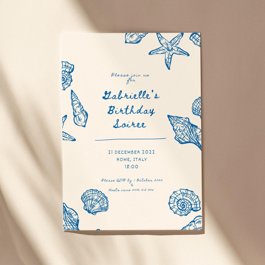 Hand Drawn Blue Illustrated Beach Shell Birthday Soiree Invite Template ...