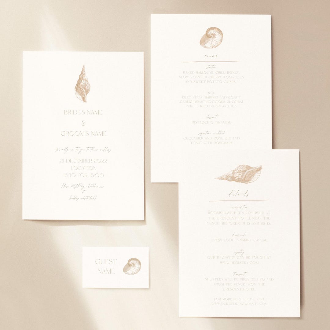 Elegant Shell Illustration Wedding Invite Set Template - Editable ...