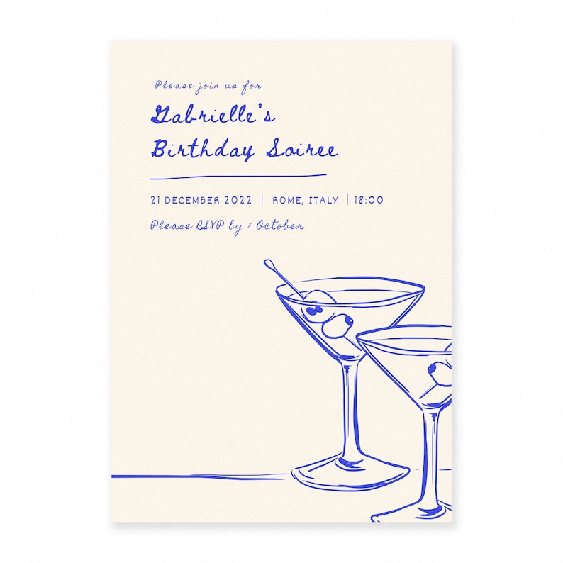 Hand Drawn Blue Martini Illustrated Birthday Soiree Invite Template ...