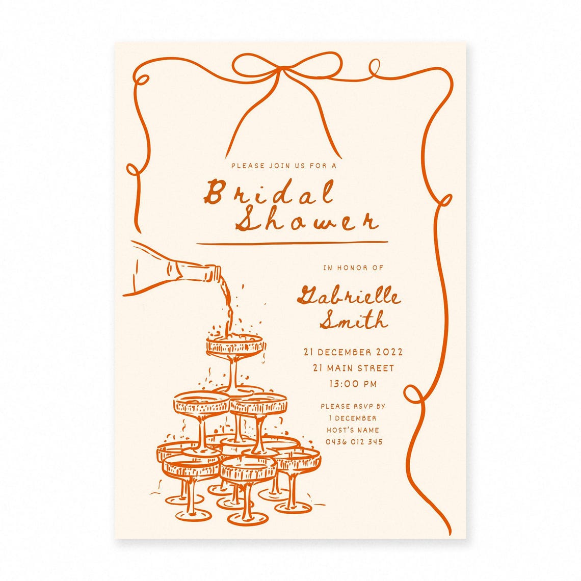 Hand Drawn Orange Coup Champagne Tower Illustrated Bridal Shower Invite ...