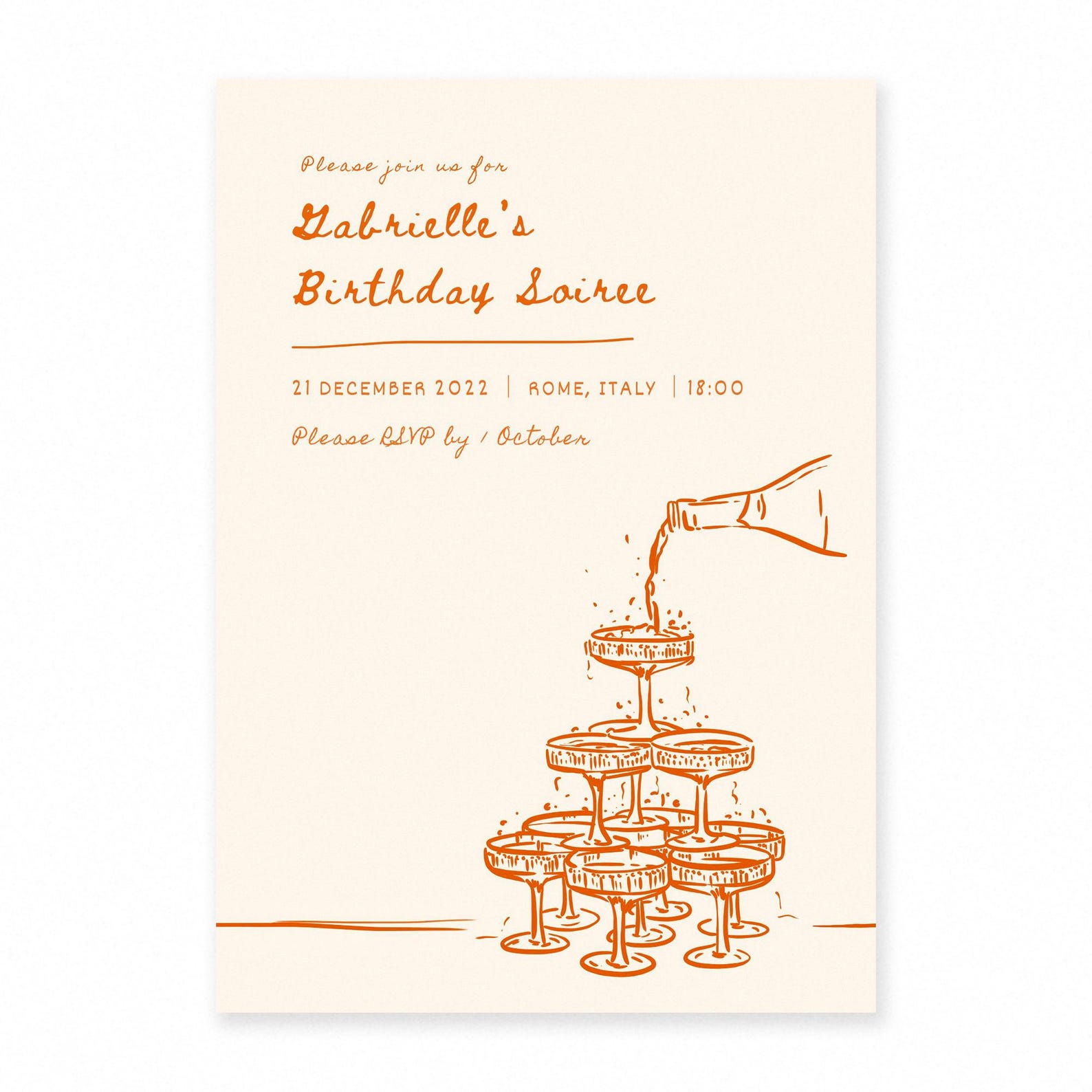 Hand Drawn Orange Coup Champagne Tower Illustrated Birthday Soiree ...
