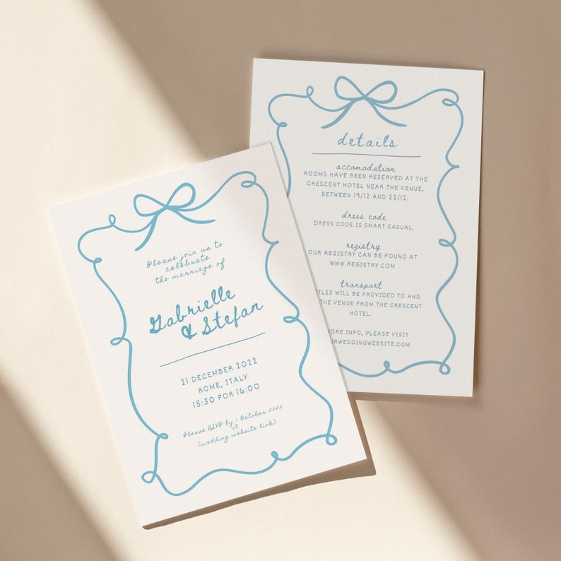 Hand Drawn Illustrated Blue Bow Wedding Invite Set Template - Editable Wedding Invite - Instant ...